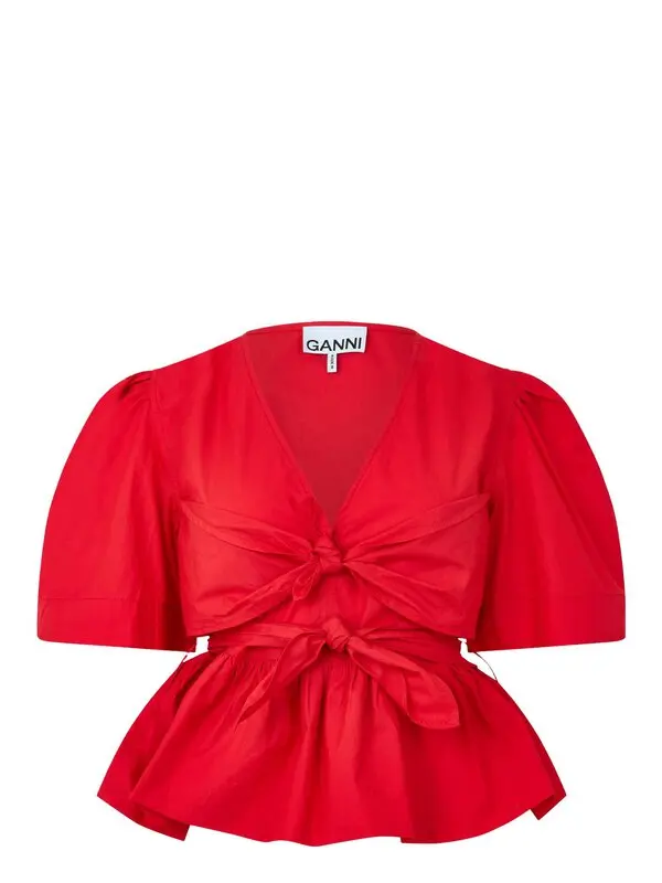 GANNI Poplin Bow Short Sleeve Blouse - Red