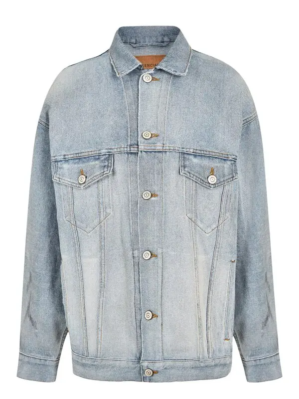 Balenciaga Distressed Logo Denim Jacket - Gray