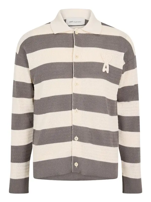 AMI Paris Striped Knit Cardigan With Applique - Gray