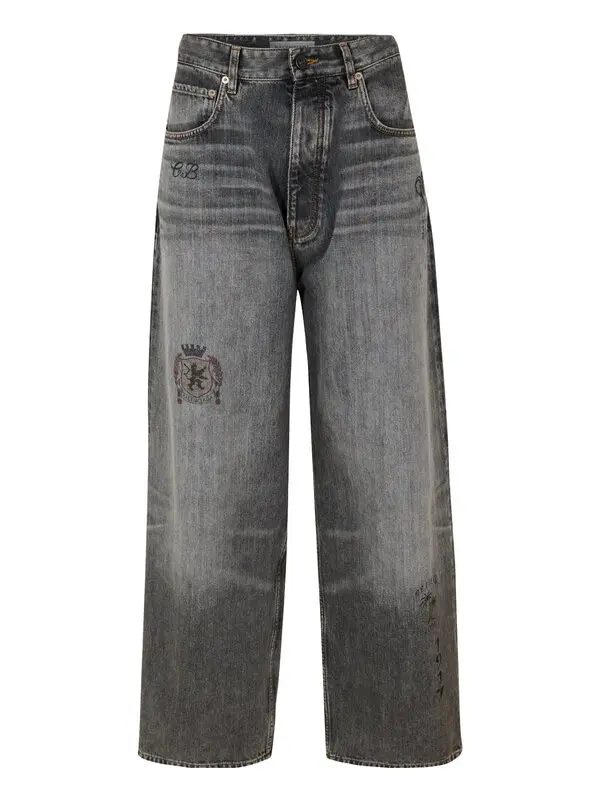 Balenciaga Wide Leg Jeans With Embroidered Details - Gray