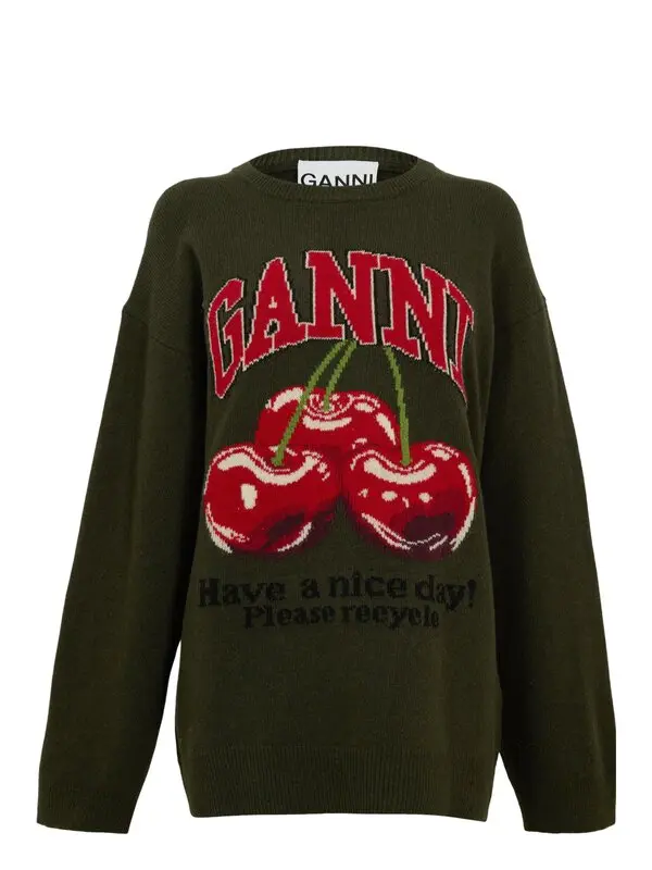 GANNI Oversized Graphic Jumper With Cherry Motif - Black