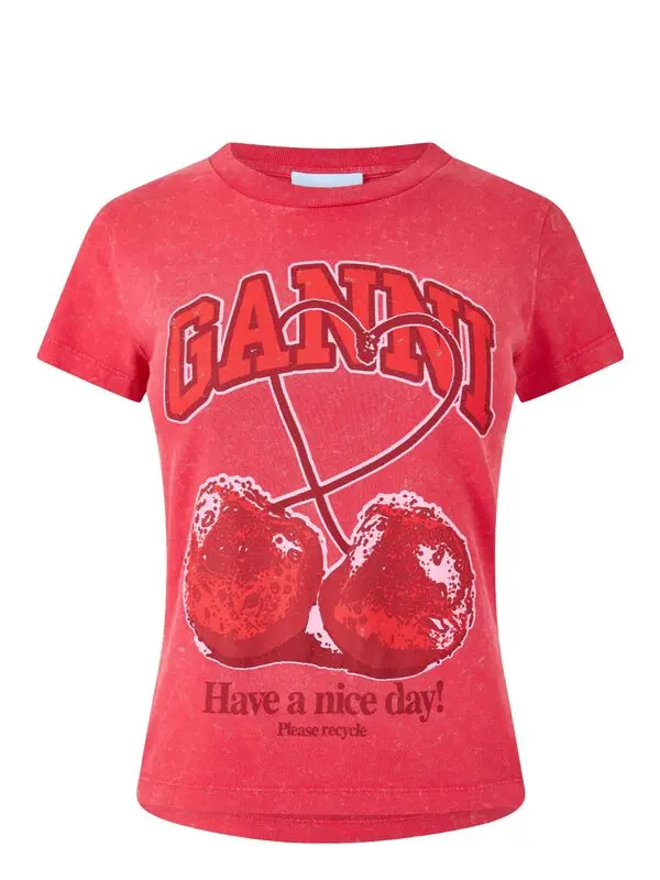 GANNI Cherry Print Short Sleeve T-shirt - Red
