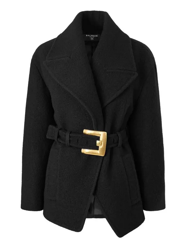 Balmain Short Wool Wrap Coat With Gold Buckle - Black