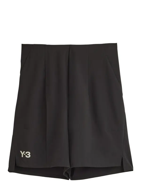 Y3 High-waisted Pleated Shorts With Leg Print - Black
