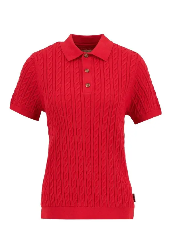 Barbour Cable Knit Short Sleeve Polo Neck Jumper - Red