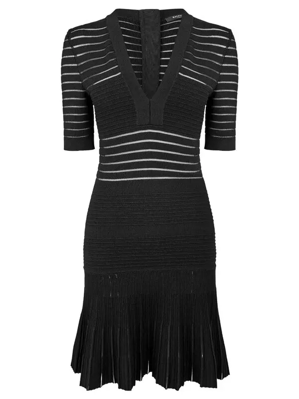 Balmain Ribbed Knit V-neck Dress With Pleated Skirt - Black