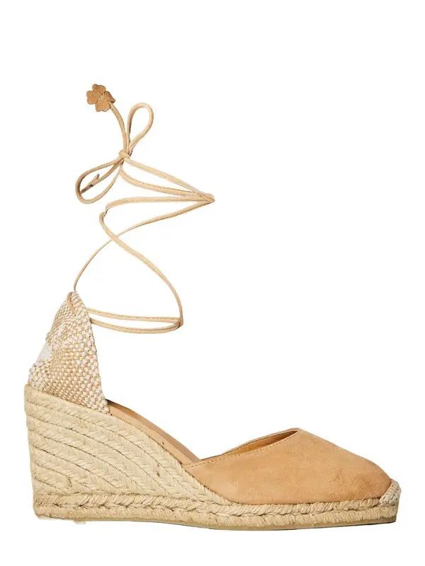 CastaÑer Suede Wedge Espadrille With Floral Ankle Tie - Nude