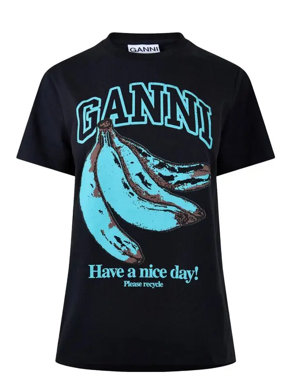 GANNI Banana Print Round-neck Short-sleeve T-shirt - Black
