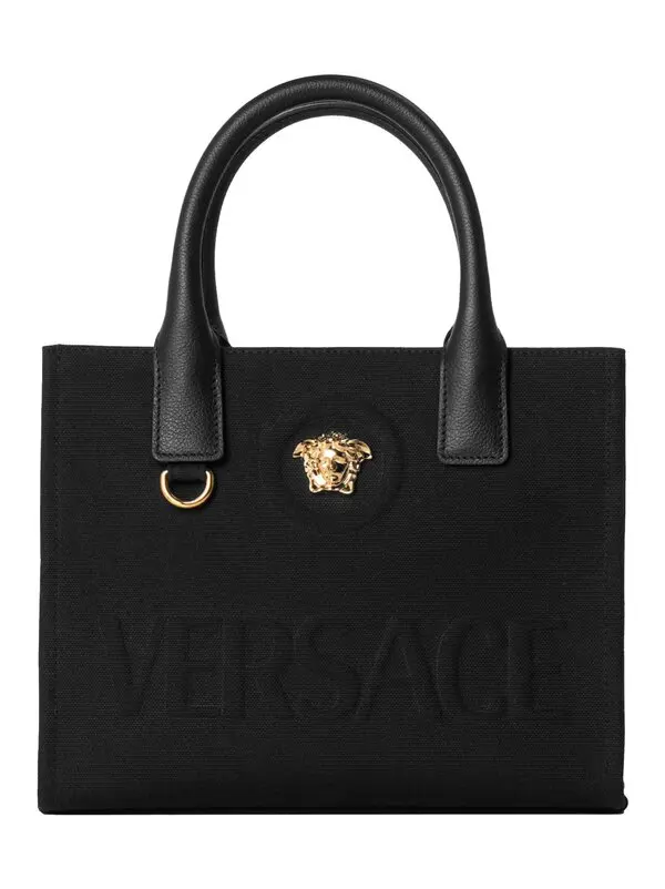 Versace Canvas Tote Bag With Gold Tone Medusa Detail - Black
