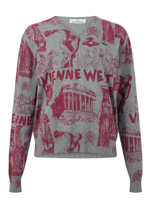 VIVIENNE WESTWOOD Graphic Print V-neck Long Sleeve Knit Sweater - Gray