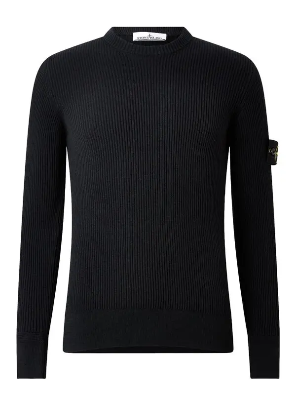 Stone Island Ribbed Crew Neck Knit Sweater With Fitted Long Sleeves - Black
