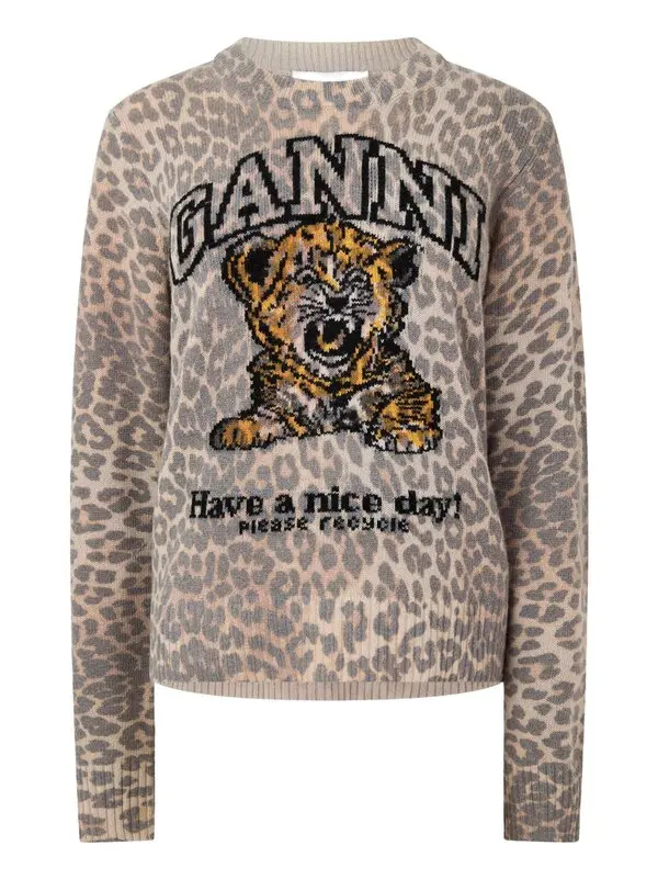 GANNI Leopard Print Tiger Graphic Crew Neck Sweater - Brown