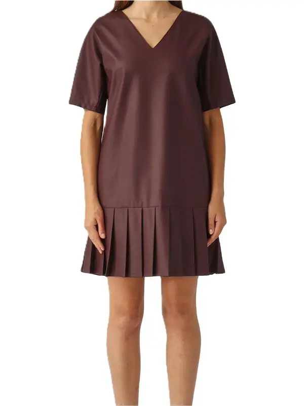 Max Mara Short Sleeve V-neck Dress With Pleated Hem - Multicolor