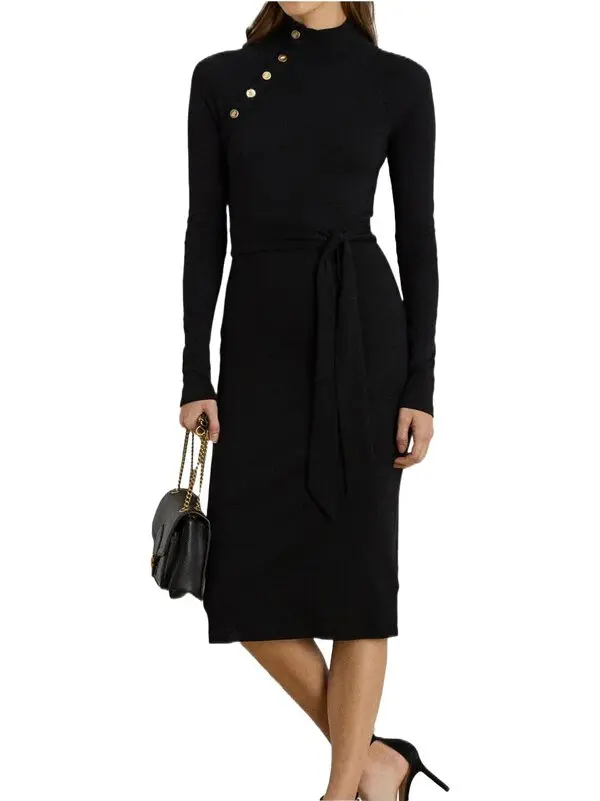 Ralph Lauren Rib-knit Mock Neck Dress With Button Trim - Black