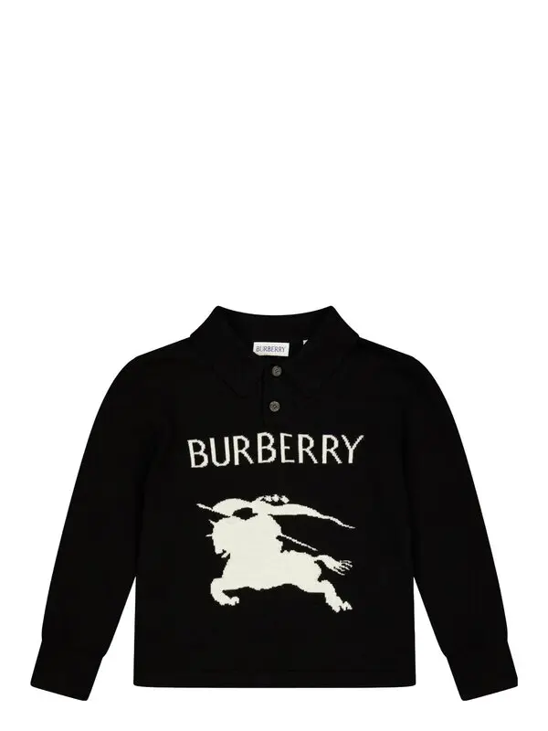 Burberry Long Sleeve Polo Shirt With Equestrian Knight Design - Black