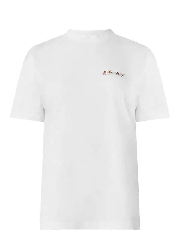 Off-White Crewneck Cotton Tee With Floral Embroidery And Print - Wu