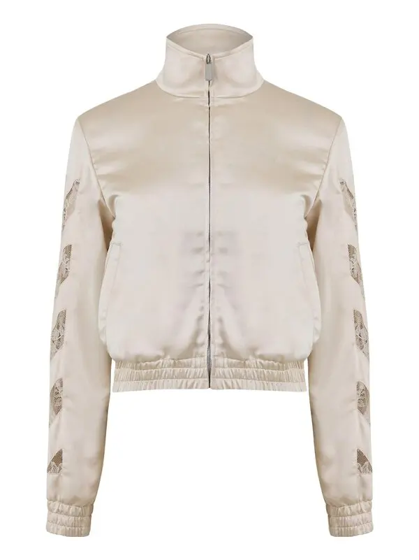Off-White Cropped Zip-up Jacket With Lace Detailing - No