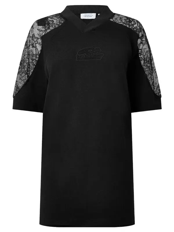 Off-White Short Sleeve Mini Dress With Lace Splicing - Black