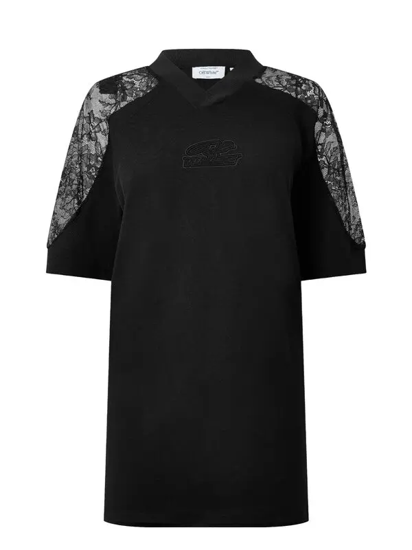 Off-White Short Sleeve Mini Dress With Lace Splicing - No