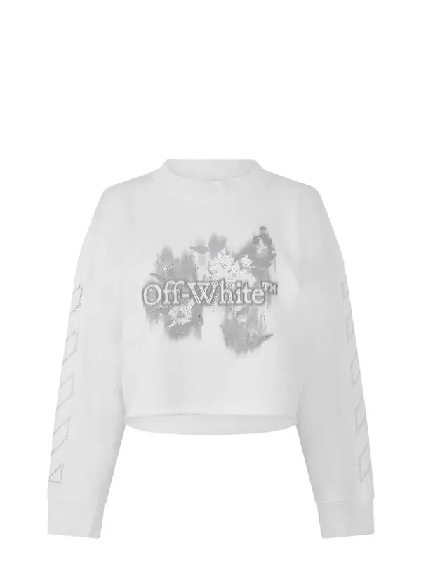 Off-White Cropped Crewneck Sweatshirt With Floral Graphic - No