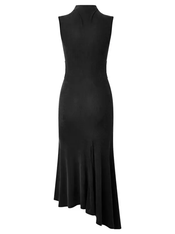 Off-White Sleeveless High Neck Ribbed Stretch Knit Midi Dress - No