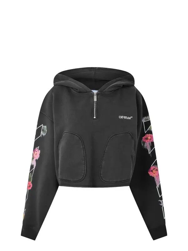 Off-White Cropped Half-zip Hoodie With Floral Geometric Sleeve Detail - No