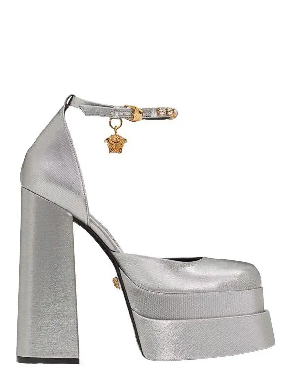 Versace Block Heel Mules With Ankle Strap - Gray