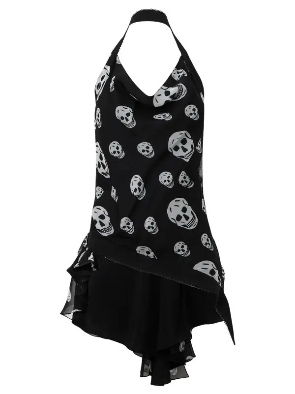 Alexander McQueen Skull Print Asymmetrical Halterneck Dress - Black