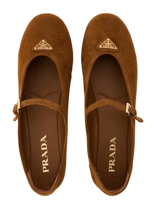 Prada Triangle Logo Suede Ballerinas - Brown