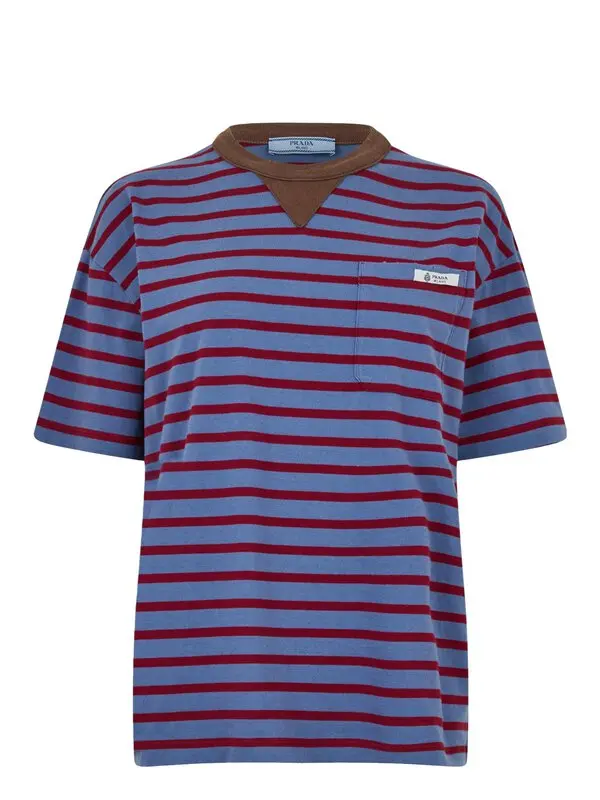 Prada Striped V-neck T-shirt With Pocket Detail - No