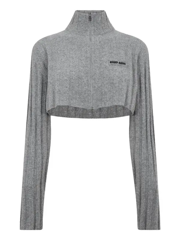 Miu Miu Cropped Ribbed Knit Cardigan With Mock Neck And Half-zip - Gray