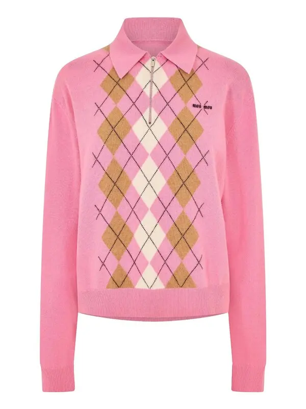 Miu Miu Argyle Jacquard Knit Sweater - Pink