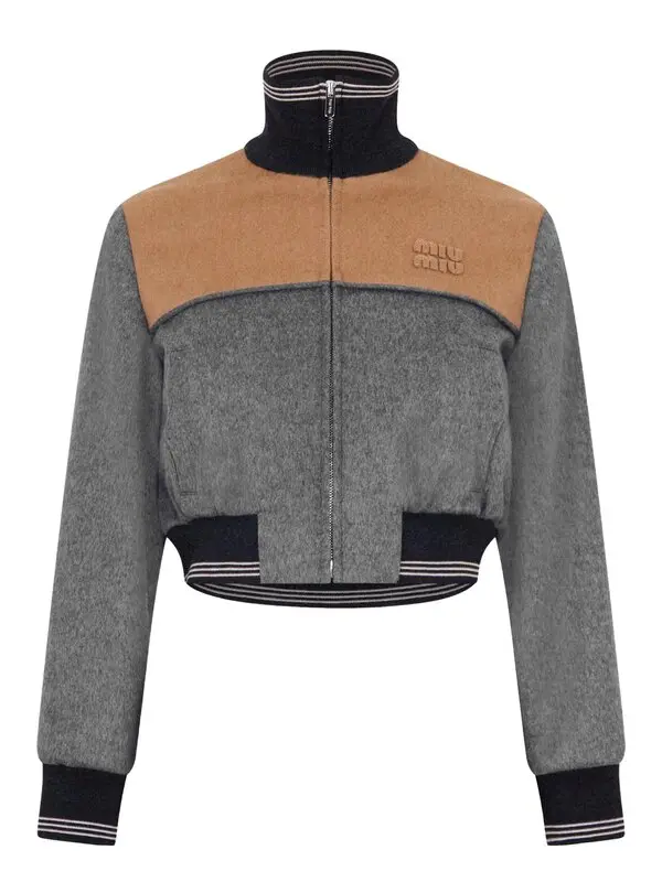 Miu Miu Two-tone Cropped Zip-up Jacket With Striped Trim - Gray