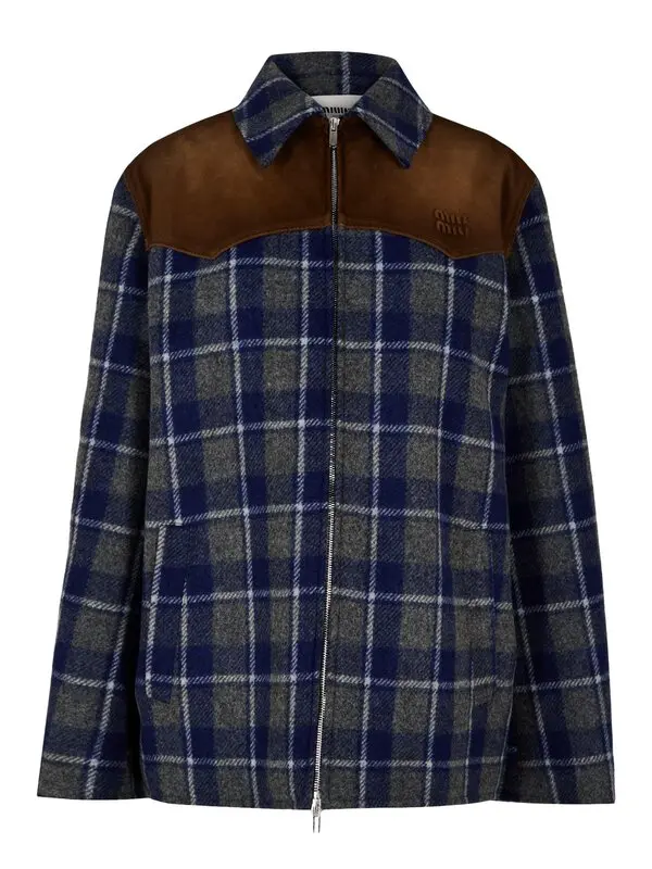 Miu Miu Wool-blend Zip-up Shirt Jacket With Suede Yoke - Black