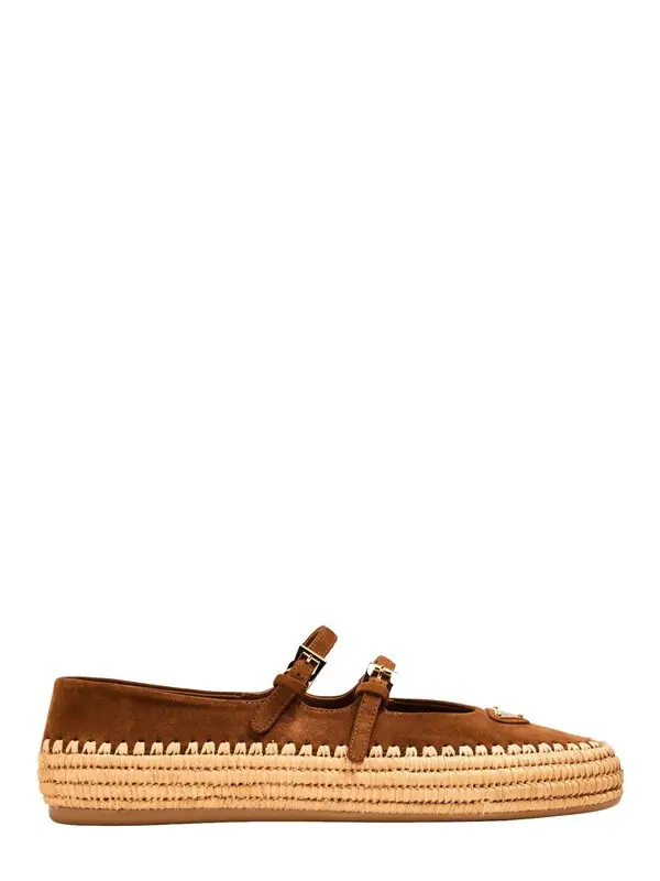 Prada Suede Ballet Flats With Double Strap Detail - Brown