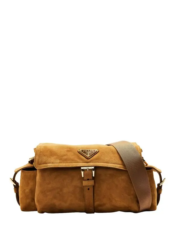 Prada Medium Suede Shoulder Bag With Flap - Brown