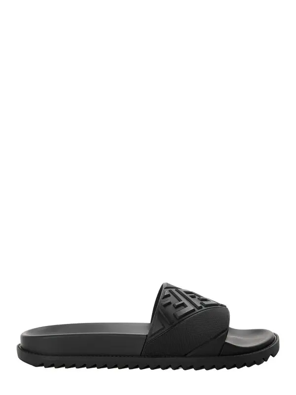 Fendi Logo Embossed Flat Slides - Black