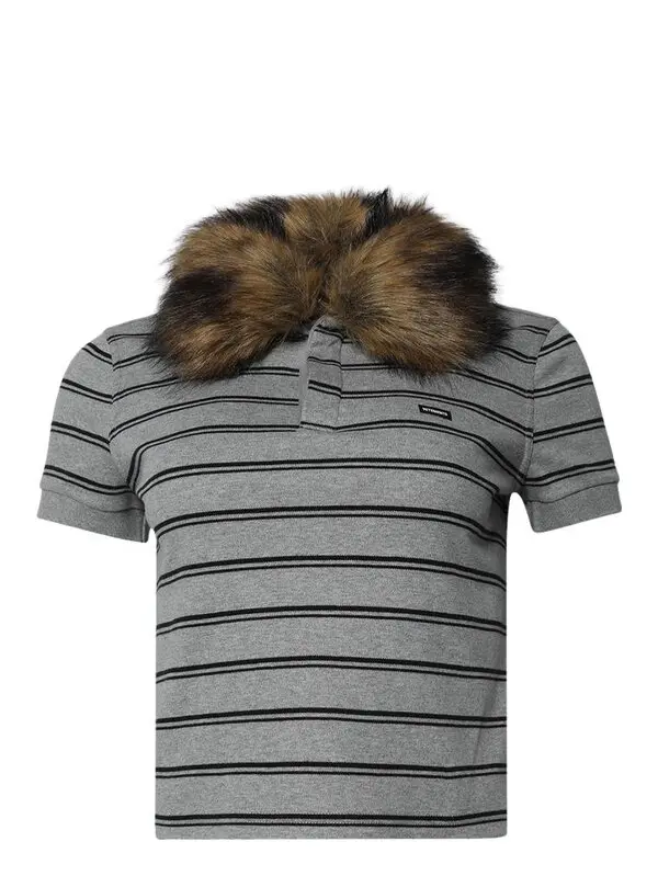 Vetements Striped Cropped Polo With Detachable Fur Collar - Grey