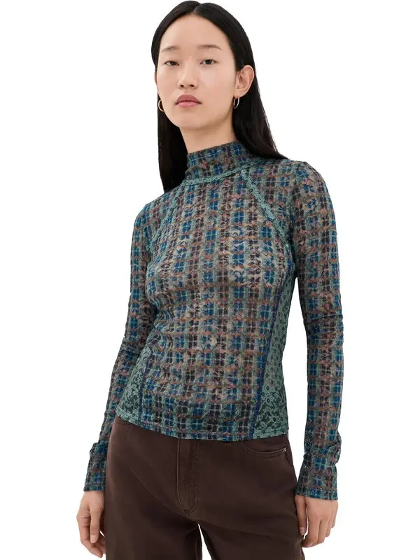 Free People Lyric Lace Mock Neck Long Sleeve Top - Navy Combo