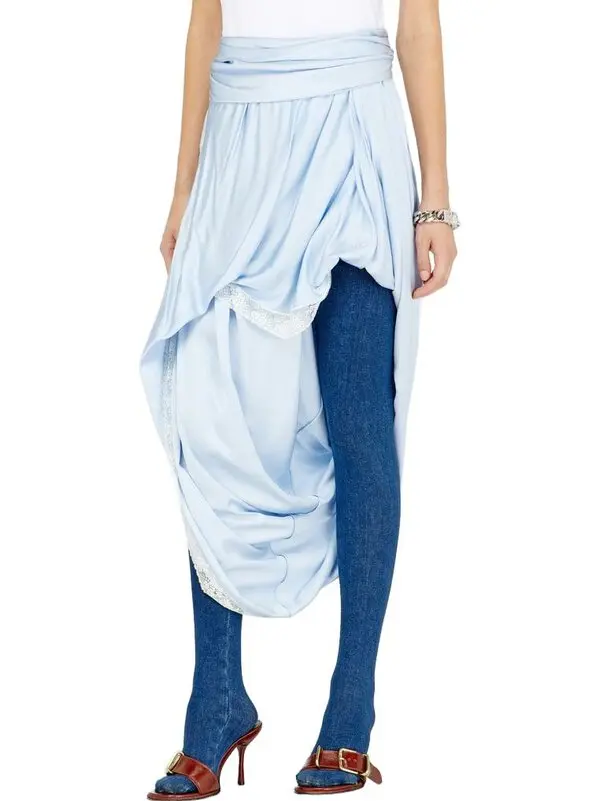 DIESEL® Draped Satin Midi Skirt With Lace Trim And Belt - Blue