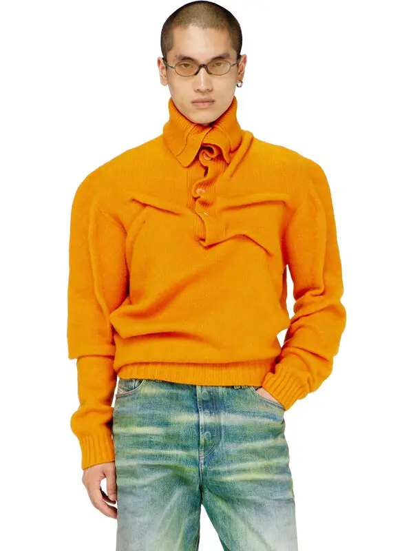 DIESEL® Button-neck Jumper In Wrinkled Boiled Knit - Orange