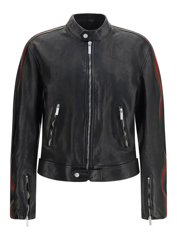 Gucci Leather Bomber Jacket With Web Trim - Black