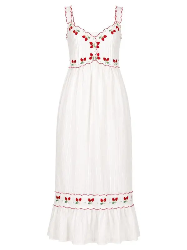 ROSE & NANCY Elsie Strawberry Embroidery Cotton Maxi Dress - White