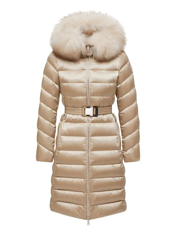Moncler Leersie Hooded Shearling-trimmed Long Down Jacket - Beige