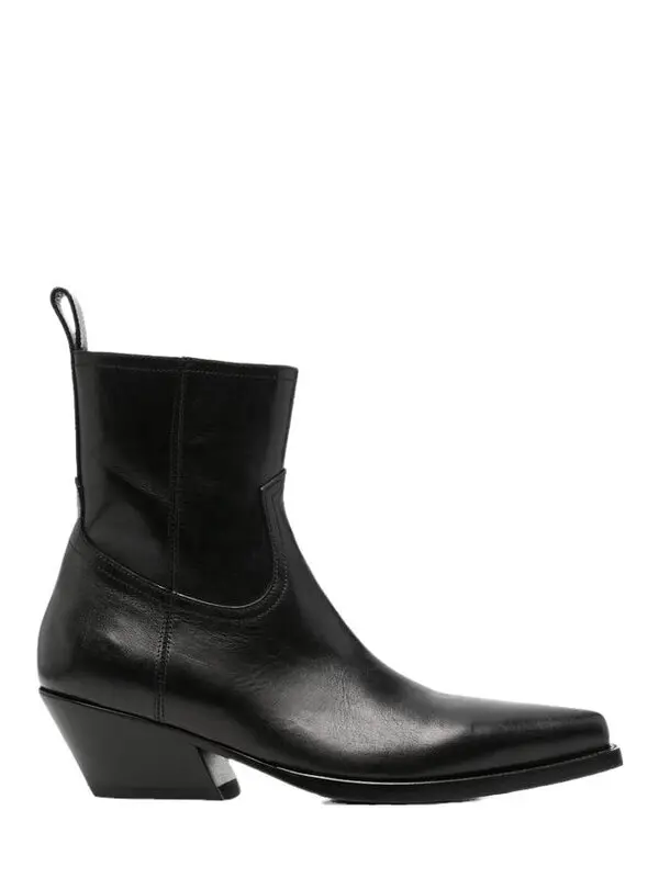 ANN DEMEULEMEESTER Leather Pointed Toe Block Heel Boots - Black