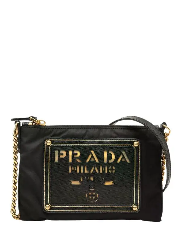 Prada Saffiano Trimmed Tessuto Logo Chain Crossbody Bag - Black