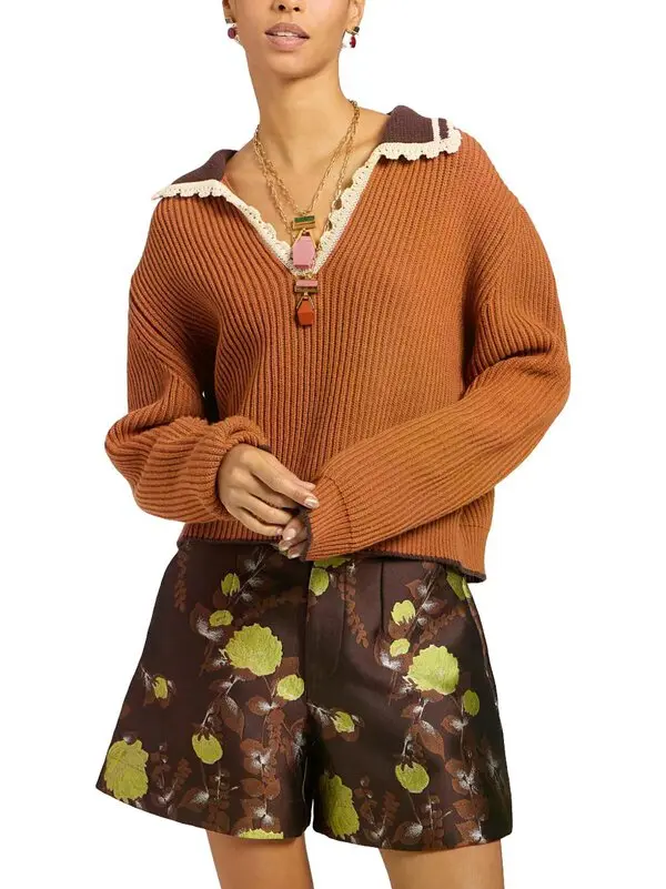 La DoubleJ Crochet-trim Ribbed-knit Sweater - Brown