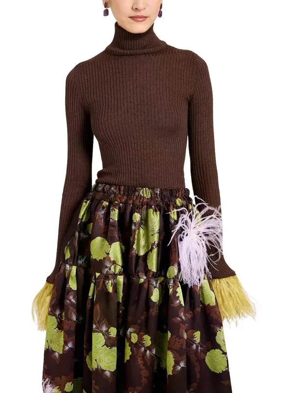 La DoubleJ Ribbed Silk Cashmere High Neck Top With Feather Trim - Brown