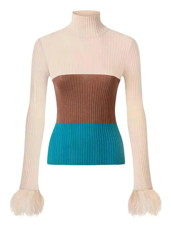 La DoubleJ High Neck Ribbed Knit Top With Feather Cuffs - Neutrals