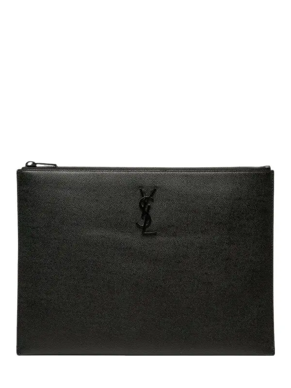 Saint Laurent 2021 Grain De Poudre Monogram Monochrome Ipad Case Clutch Bag - Black